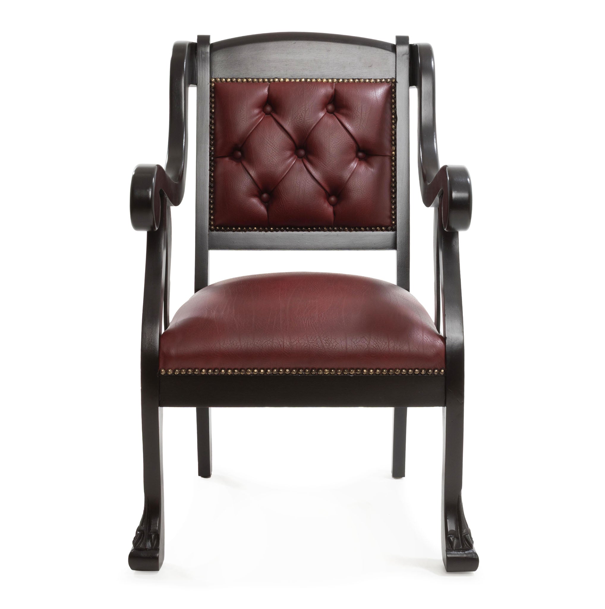 Dark Shaded Maple Open Armchair with Scroll Arms and Red Button Tufted ...
