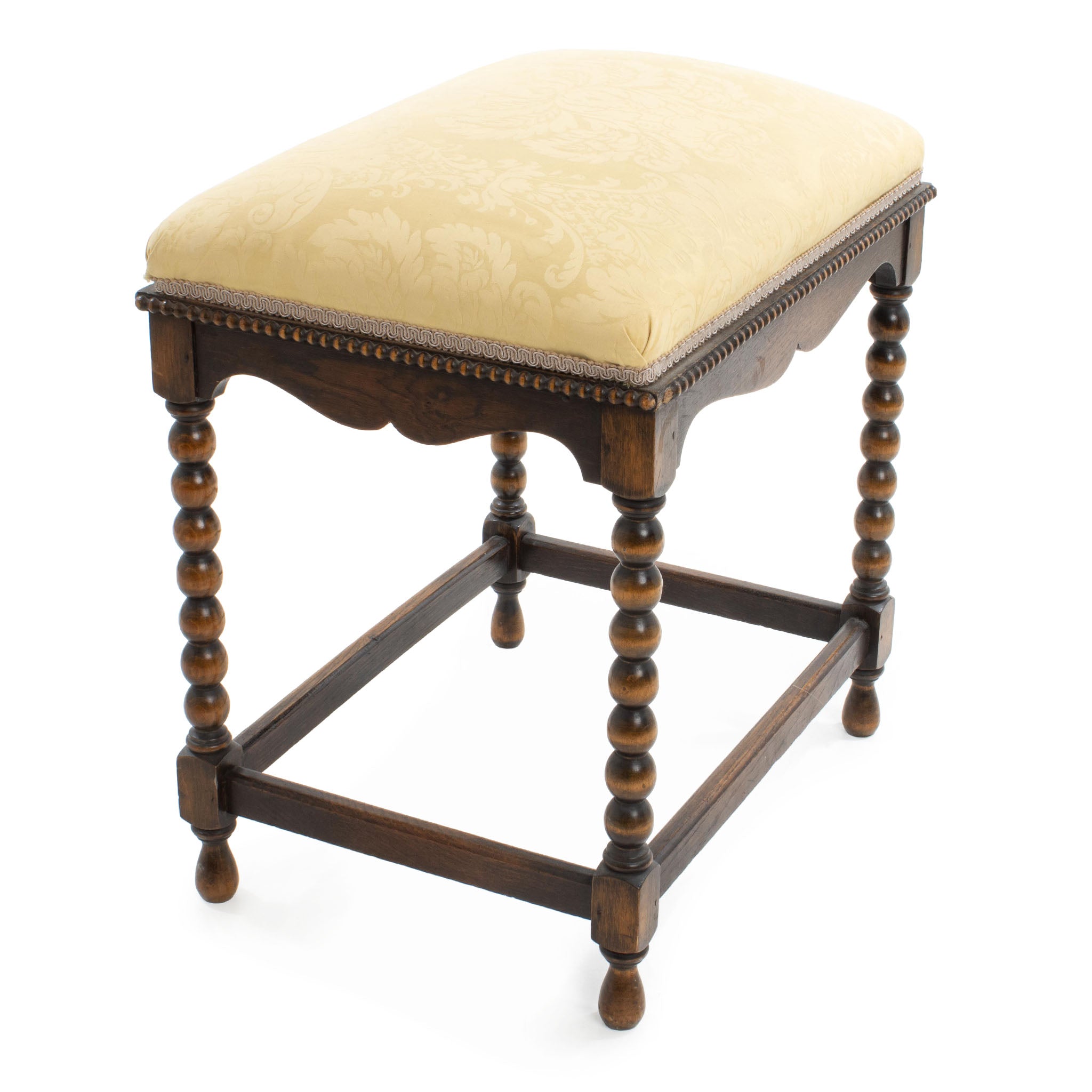 Oak and Maple Upholstered Bench Seat with Spool Turned Legs Joined by ...